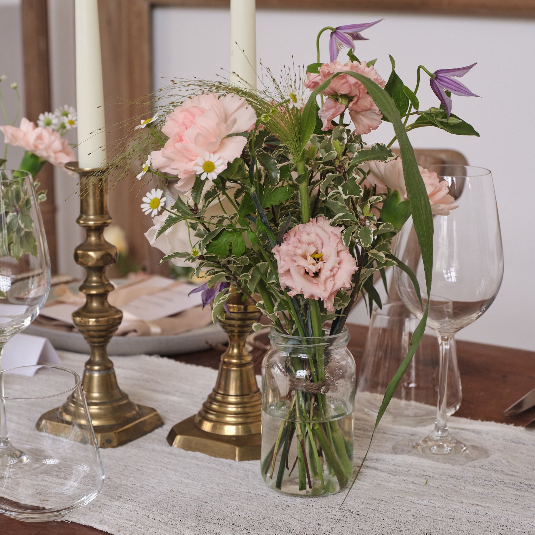 Jam Jar Flower Arrangement in Pastel Wildflowers | Wedding Flower ...