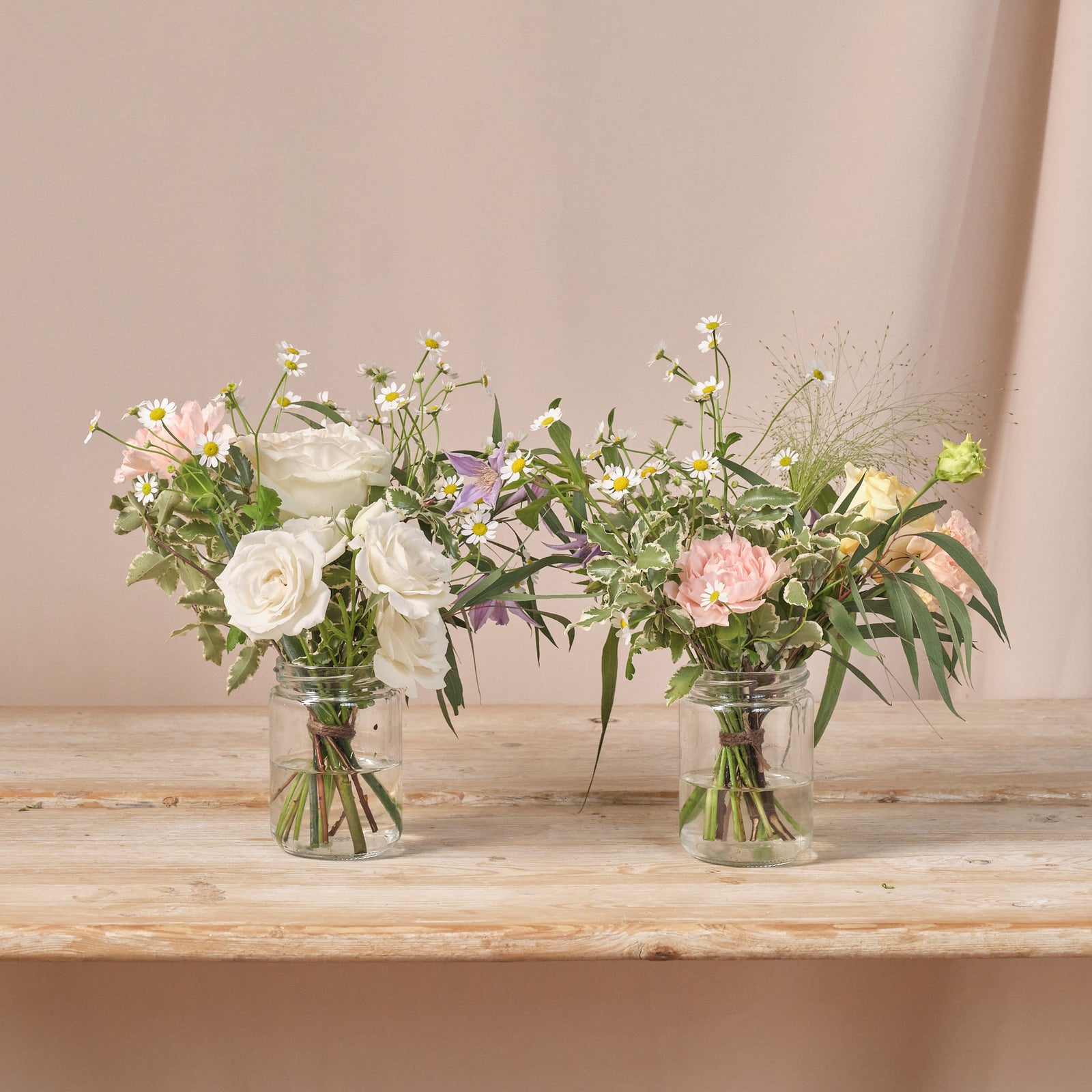 Jam Jar Flower Arrangement in Pastel Wildflowers | Wedding Flower ...